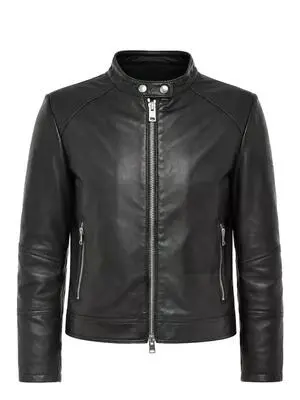 DIESEL® Leather Zip-up Jacket With Band Collar - Black