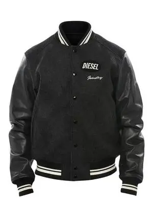 DIESEL® Bomber Jacket With Leather Sleeves And Embroidered Logo - Grey