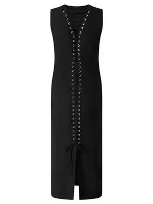 Pinko Sleeveless V-neck Dress With Eyelet And Lace-up Detail - Black