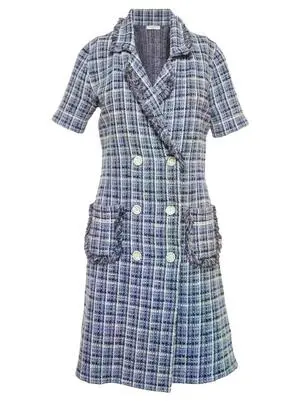 Sandro Double-breasted Tweed Mini Dress With Frayed Edges - Blue