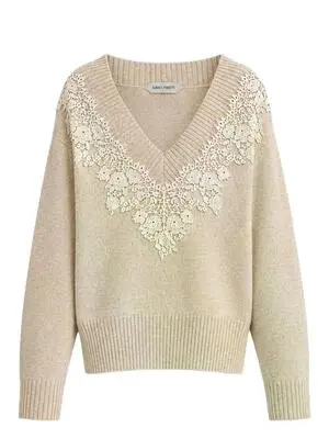 Alberta Ferretti Lace Trim V-neck Sweater - Neutrals