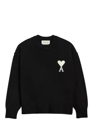 AMI Paris Crewneck Wool Sweater With De Coeur Intarsia - Black