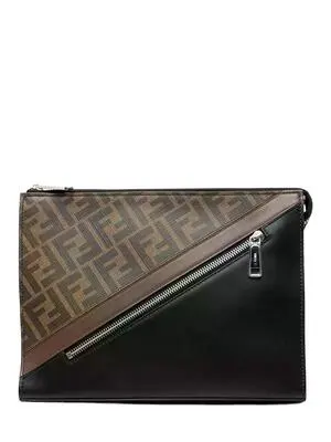 Fendi Zucca Coated Canvas Diagonal Front Zip Clutch Bag - Brown
