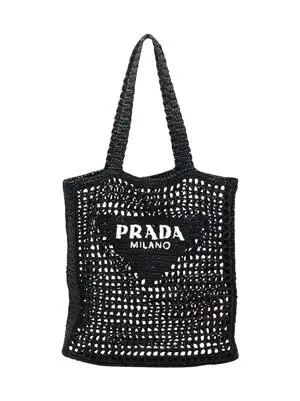 Prada Raffia Effect Crochet Embroidered Logo Tote Bag - Black