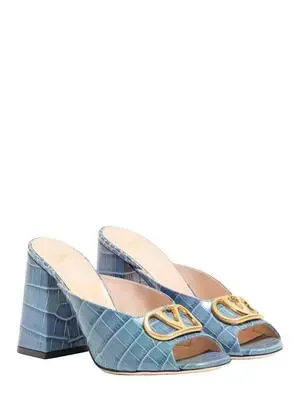 Valentino Garavani Vlogo Signature Slide Sandals In Printed Calfskin 95mm - Blue