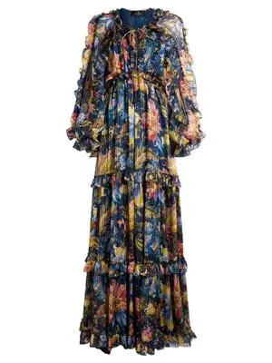 Etro Long Silk Floral Print Ruffled Maxi Dress - Blue