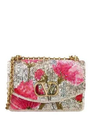 Valentino Garavani Vlogo Signature Floral Embroidered Shoulder Bag - Silver