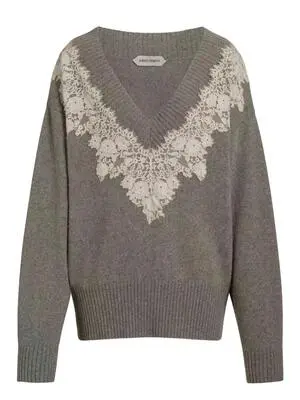 Alberta Ferretti Lace-trim V-neck Sweater - Grey