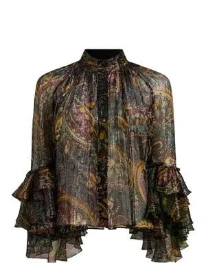 Etro Silk Shirt With Ruffle And Paisley Motif - Black