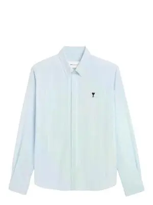 AMI Paris Striped Cotton Shirt With De Coeur Embroidery - Blue