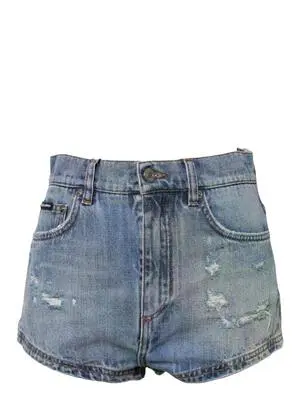 Dolce & Gabbana Distressed Logo Plaque Denim Shorts - Blue