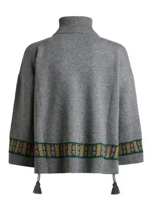 Etro Wool-blend Kimono Sweater With Tassels And Geometric Motif - Grey