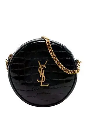 Saint Laurent Croc Embossed Patent Leather Camera Bag - Black