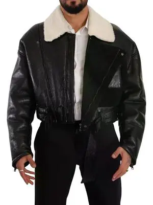Dolce & Gabbana Belted Shearling Collar Leather Jacket - Black