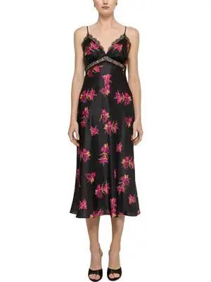 NISSA Floral Print Silk Midi Dress - Black