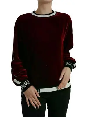Dolce & Gabbana Burgundy Velvet Sweater With Logo Trim - Red