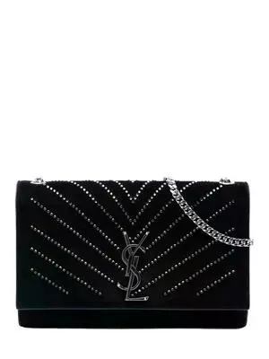 Saint Laurent Suede Crystal Monogram Crossbody Bag - Black