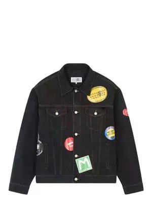 MAISON MARGIELA Black Denim Trucker Jacket With Souvenir Stickers Print - Blue