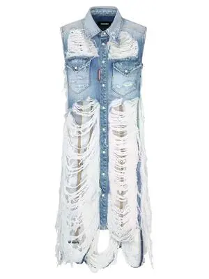 Dsquared2 Distressed Denim Midi Shirt Dress - Blue