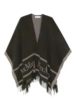 Max Mara Logo Intarsia Fringed Poncho Coat - Green