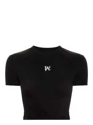 Palm Angels Logo Embroidered Cropped T-shirt - Black
