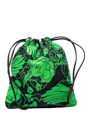 Miu Miu Canvas Floral Botanical Print Drawstring Pouch Clutch Bag - Black