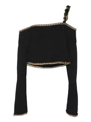 Balmain Rib Knit Off-shoulder Cropped Top With Gold-tone Chain Trim - Black