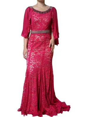 Dolce & Gabbana Lace Maxi Gown With Embellished Belt - Pink