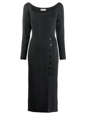 Sandro Ribbed Knit Sweetheart Neck Midi Dress With Button Detail - Grey
