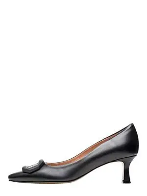 POCHE PARIS Buckle Pointed Toe Kitten Heel Pumps - Black