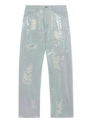 Palm Angels Sequin Embellished Ripped Straight Leg Jeans - Blue