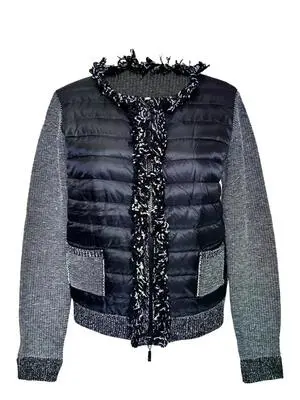 Moncler Down Jacket With Tweed Print And Raw-edge Trim - Black