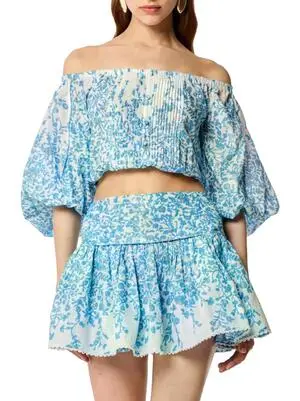 Poupette St Barth Floral Print Pintucked Off-the-shoulder Puff Sleeve Cropped Top - White