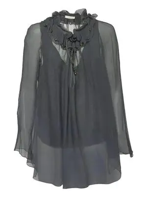 Chloé V-neck Ruffle Blouse With Front Tie - Grey