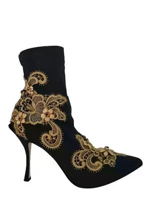 Dolce & Gabbana Lace Appliqué Crystal-embellished Stiletto Ankle Boots - Black