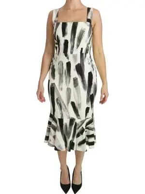 Dolce & Gabbana Sheath Paint-splatter Ruffle-hem Midi Dress - White