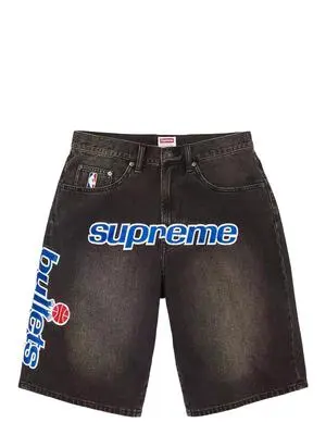Supreme X Mitchell & Ness Nba Logo-print Denim Shorts - Grey