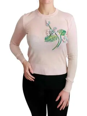 Dolce & Gabbana Floral Embroidered Cashmere Crew Neck Sweater - Pink