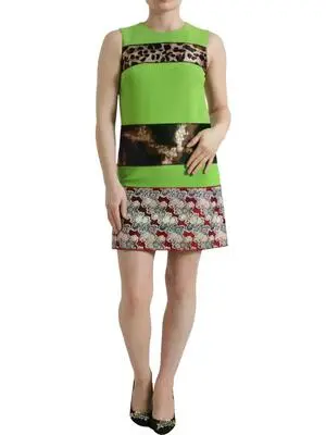 Dolce & Gabbana Sleeveless Leopard Print & Floral Brocade Mini Dress - Green