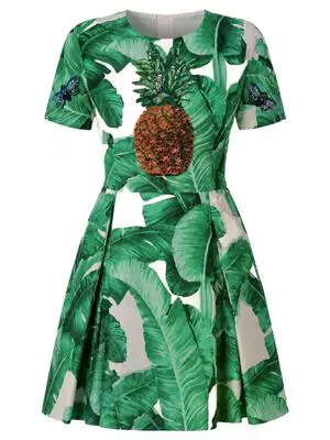 Dolce & Gabbana Banana Leaf Print Sequined Pineapple Mini Dress - Green