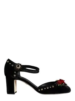 DOLCE & GABBANA Dolce & Gabbana Black Velvet Rose Appliqué Studded Pumps
