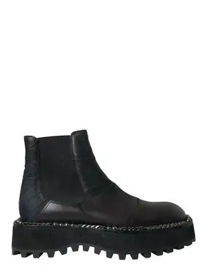 DOLCE & GABBANA Dolce & Gabbana Black Leather Chain-Trim Platform Ankle Boots