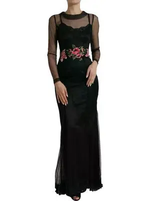 Dolce & Gabbana Long Sleeve Floral Embroidered Mesh Gown - Black