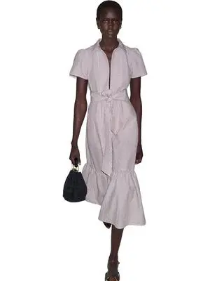 ME+EM Cotton Seersucker Stripe Fit And Flare Midi Dress - Soft White/brown