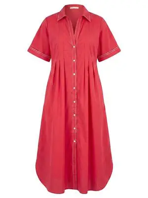 Adrift Clothing Bridget Pleated Shirt Dress In Poplin - Red