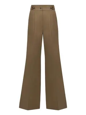 TIA DORRAINE Flared Trousers With Adjustable Waist In Linen Khaki - Green