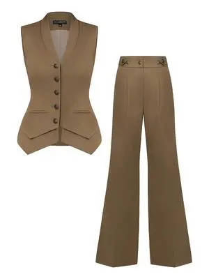 TIA DORRAINE Fitted Waistcoat And Flared Trousers Set In Luxurious Linen - Green