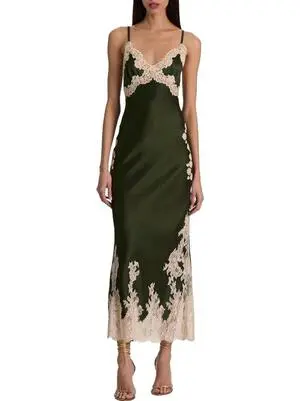 Alice + Olivia Julietta Lace Trim Slip Midi Dress - Dark Fern/biscotti