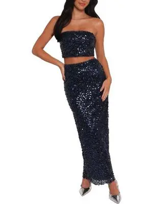 PETAL & PUP Sequin Embellished Tube Top And Maxi Skirt Set - Navy