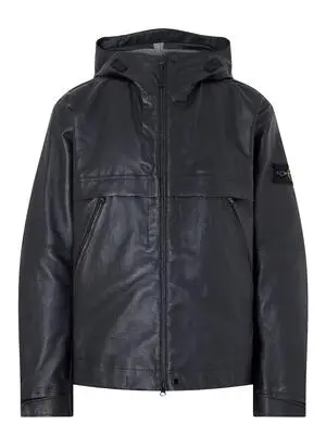 Stone Island Logo-appliquéd Leather Hooded Jacket - Black